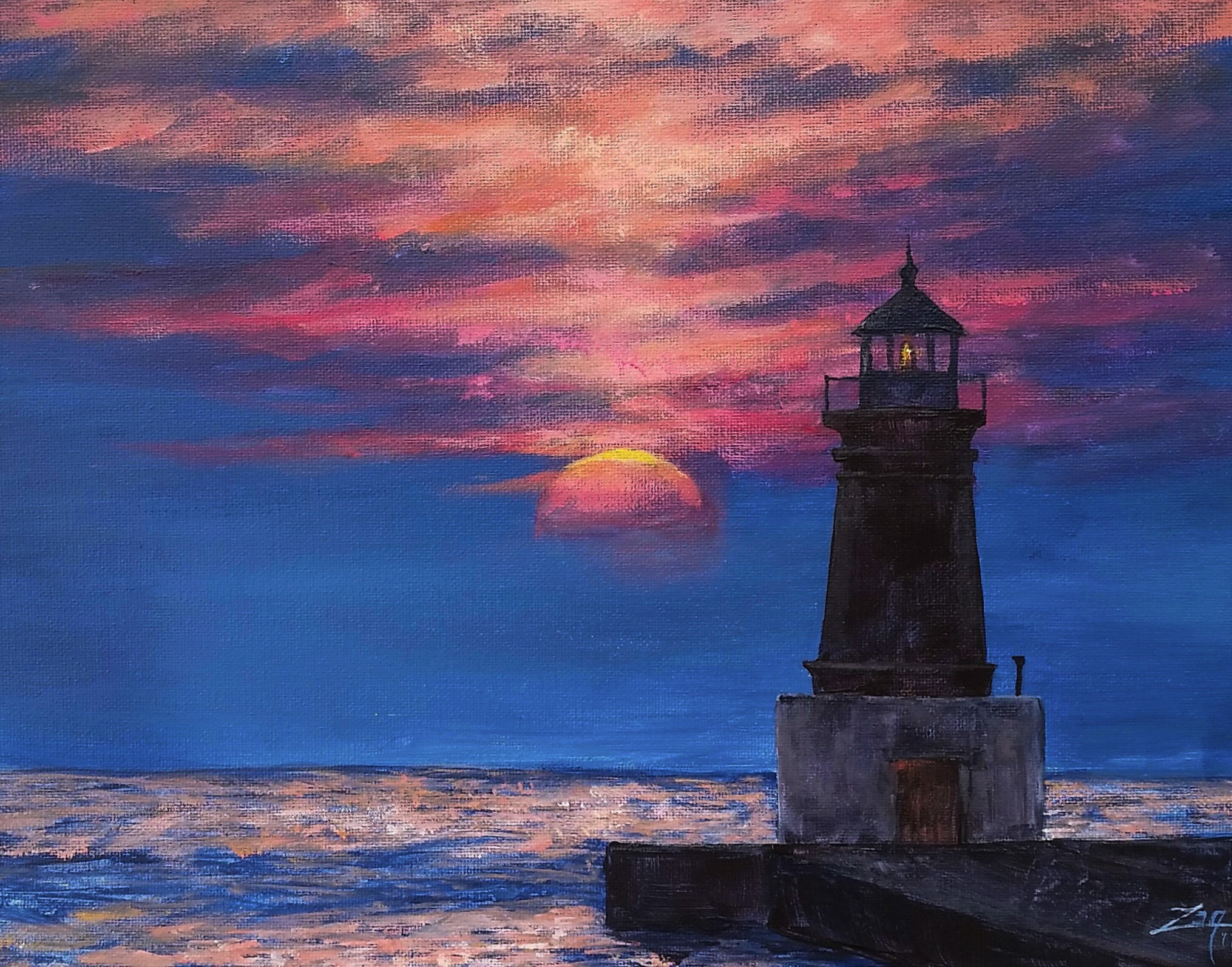 Lighthouse Sunset 11×14 acrylic © Zan Savage – ZanArt